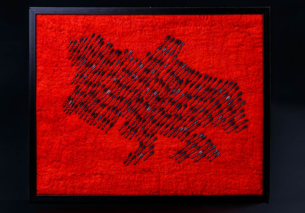 "Air raid siren on". Wool map of Ukraine made from 300 fletchettes ...